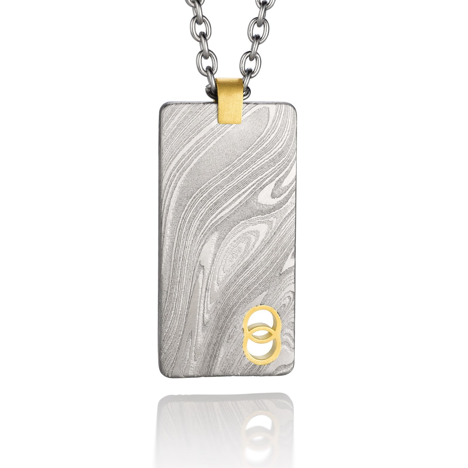 Damascus Dog Tag with Gold Inlay, Vertical Double Circle – Pauls Jewelers